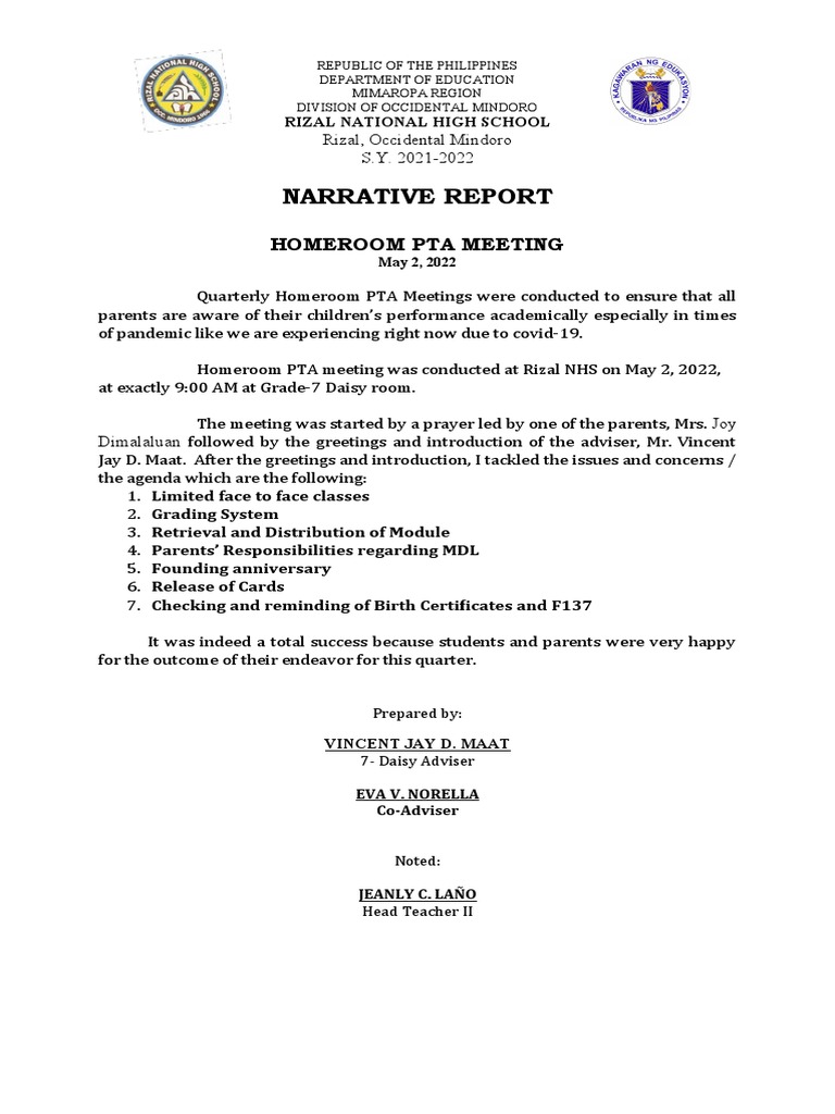 Narrative Report 3rd Quarter Pta 2021 2 | Download Free PDF | Schools