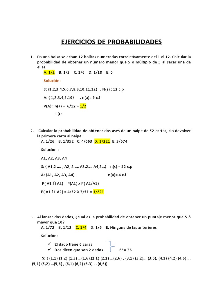 Ejercicios de Probabilidades | Descargar gratis PDF | Probabilidad | Cuestionario