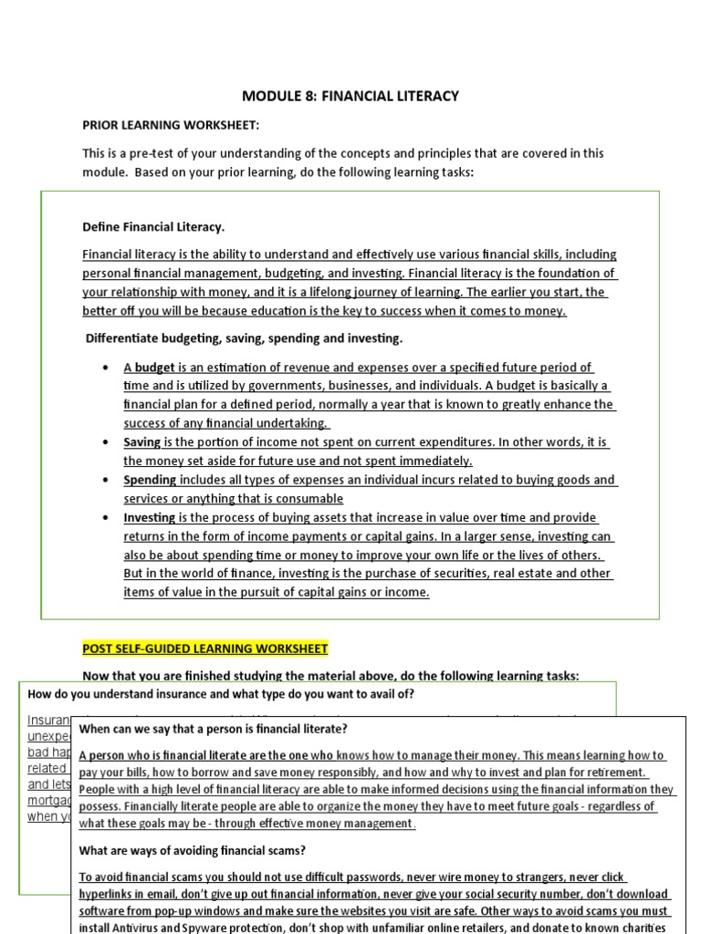 Module 8: Financial Literacy: Prior Learning Worksheet | PDF | Budget ...
