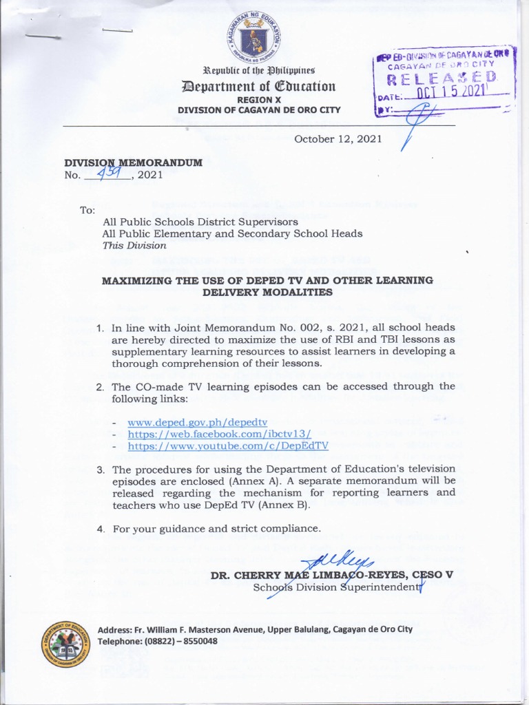 DM459s2021 - Maximizing The Use of DepEd TV and Other Learning Delivery ...