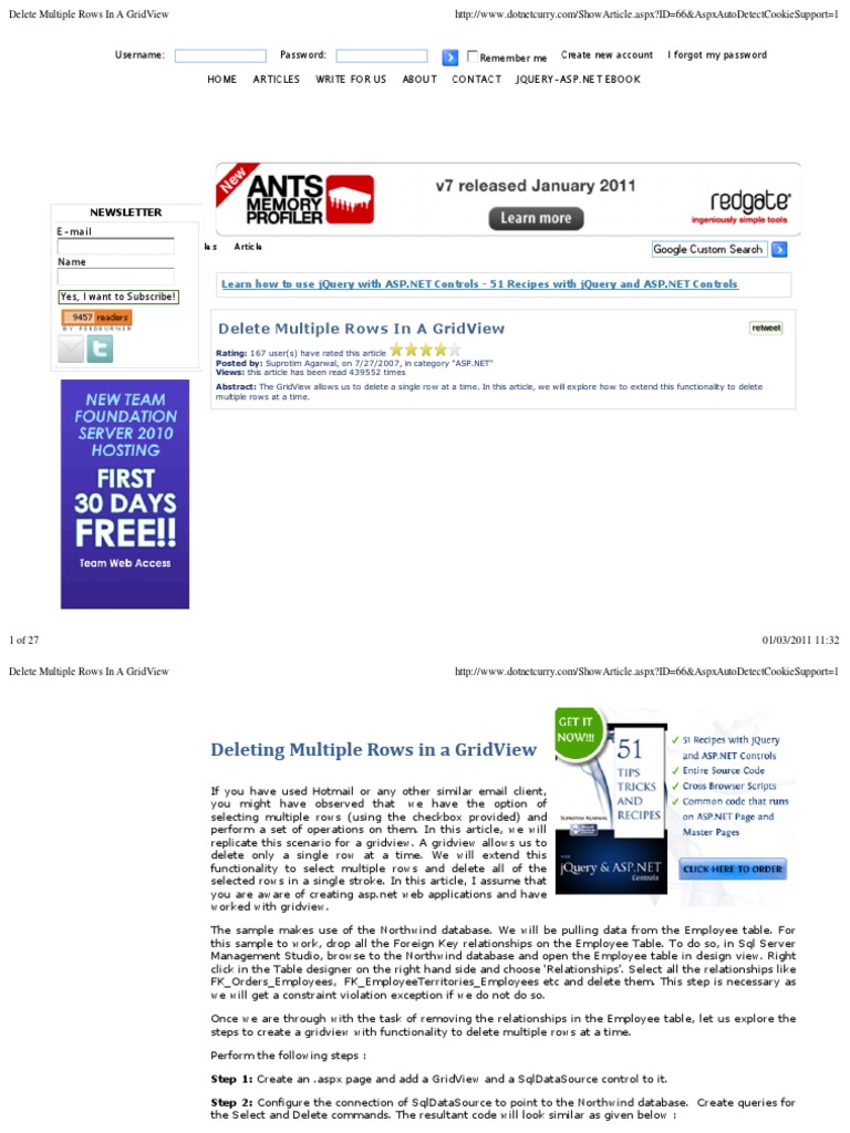 Delete Multiple Rows In A Gridview Pdf Active Server Pages Data 