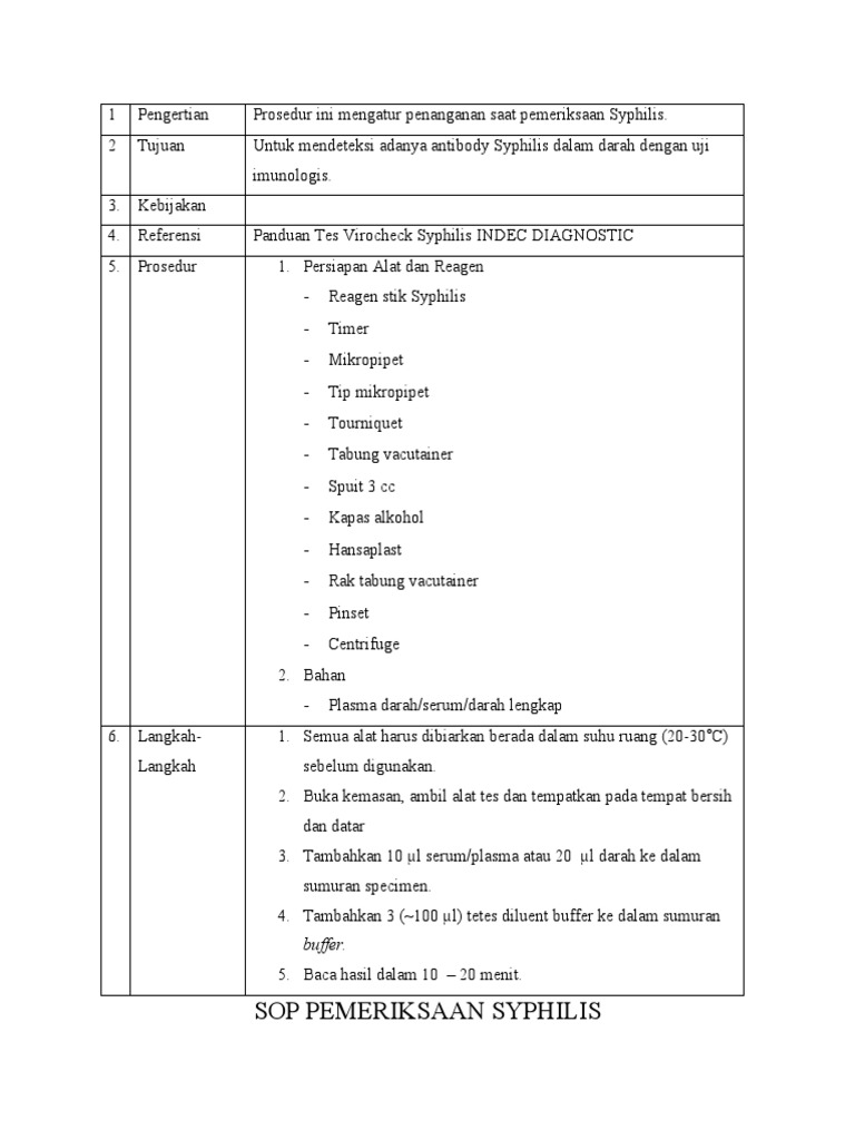 Sop Pemeriksaan Syphilis: Buffer | PDF
