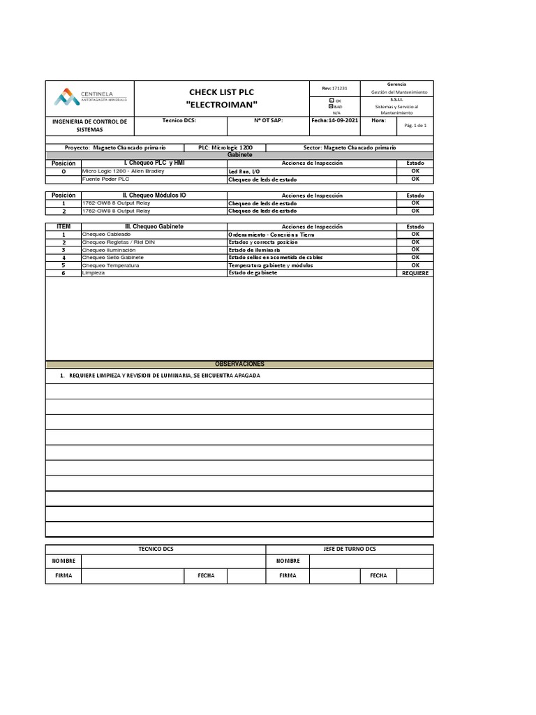 Check List PLC Electroiman | PDF | Ingeniería Informática | Electricidad