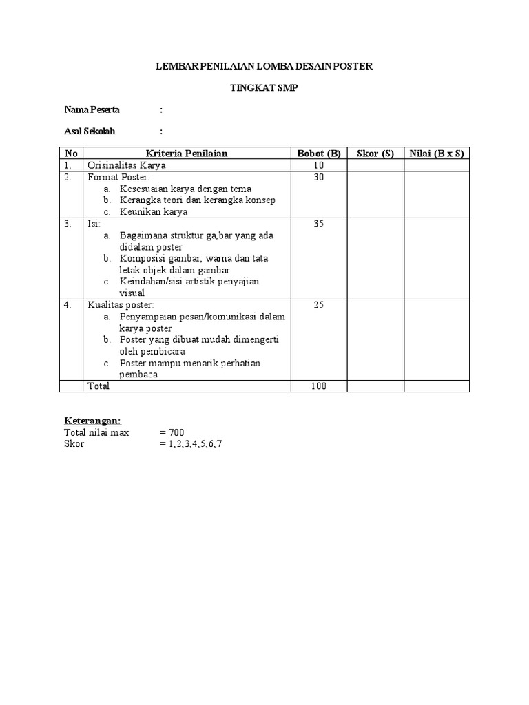 Lembar Penilaian Lomba Desain Poster SMP | PDF