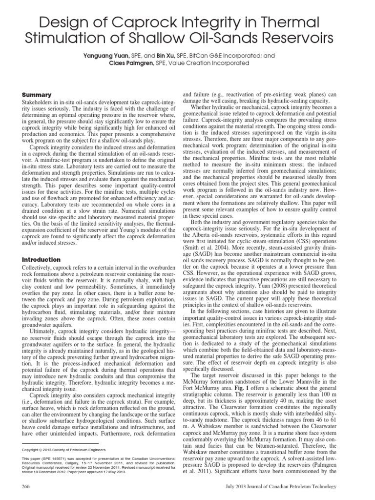 Design of Caprock Integrity in Thermal Stimulation of Shallow Oil-Sands ...