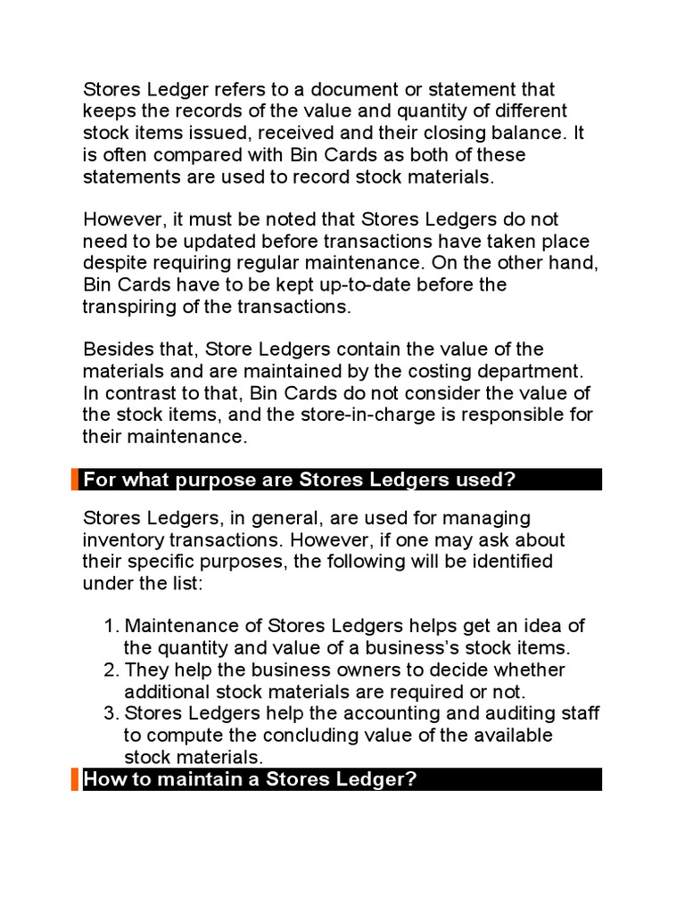 Stores Ledger Refers To A Document or Statement That Keeps The Records ...