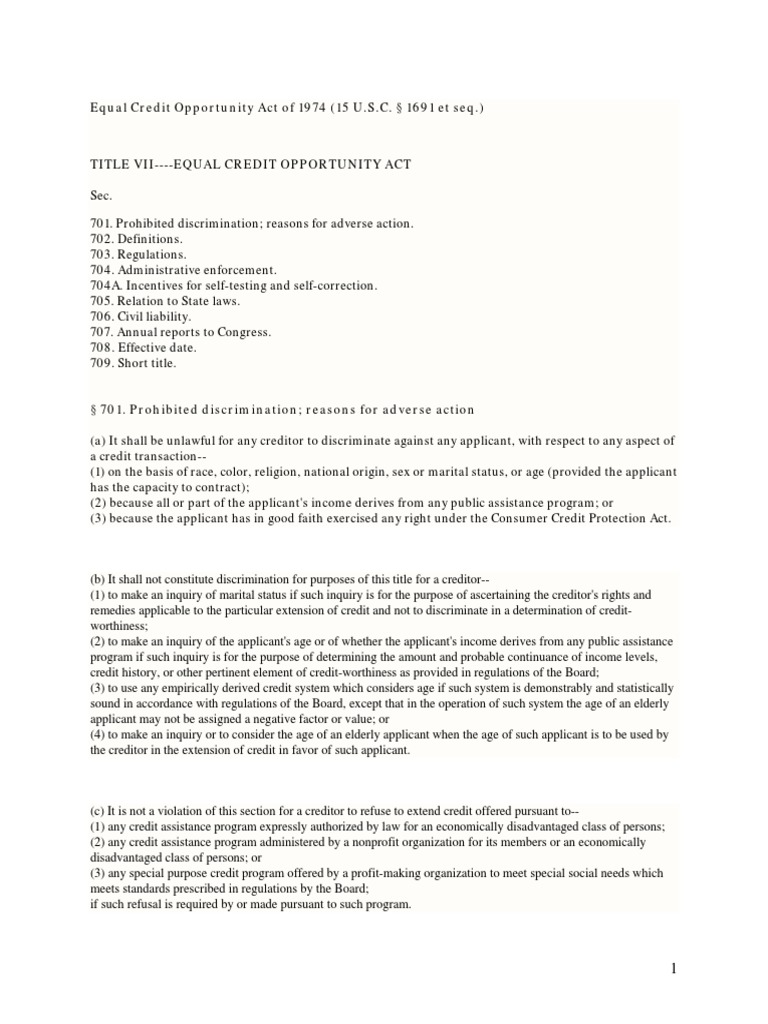 Equal Credit Opportunity Act of 1974 NOTES | PDF | Banks | Civil Rights ...