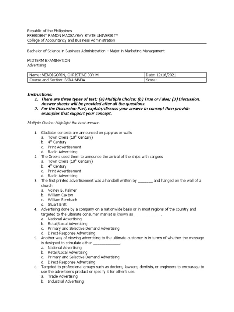 Advertising Midterm Exam Overview | PDF