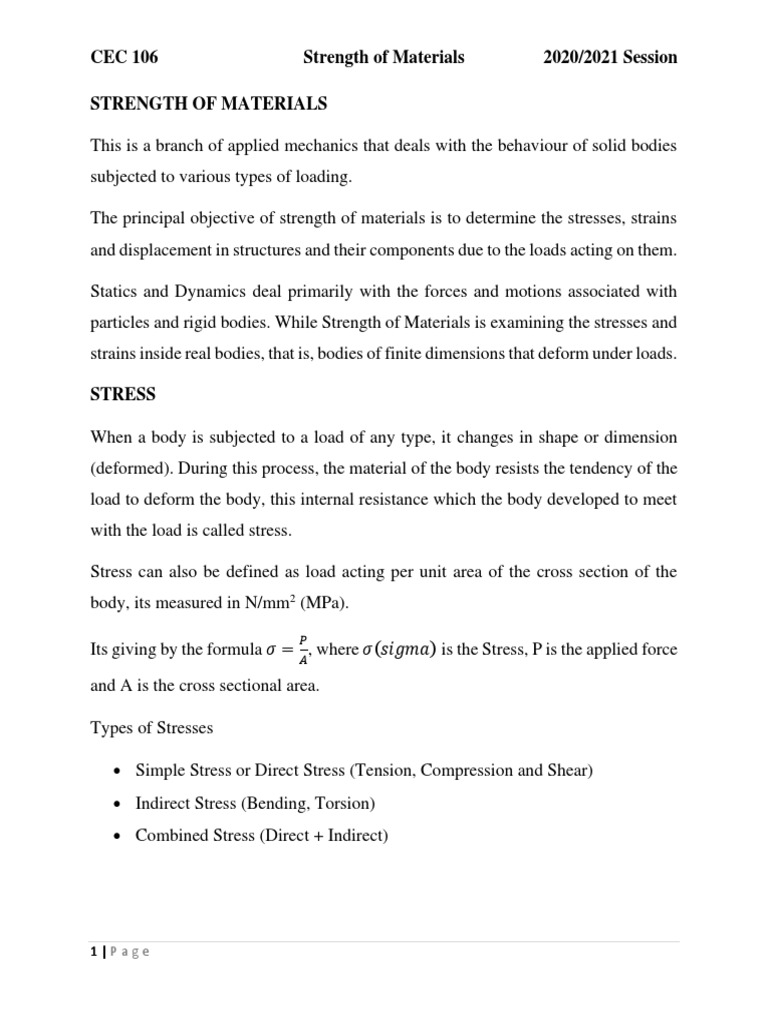 CEC 106 Strength of Materials 2020/2021 Session Strength of Materials ...