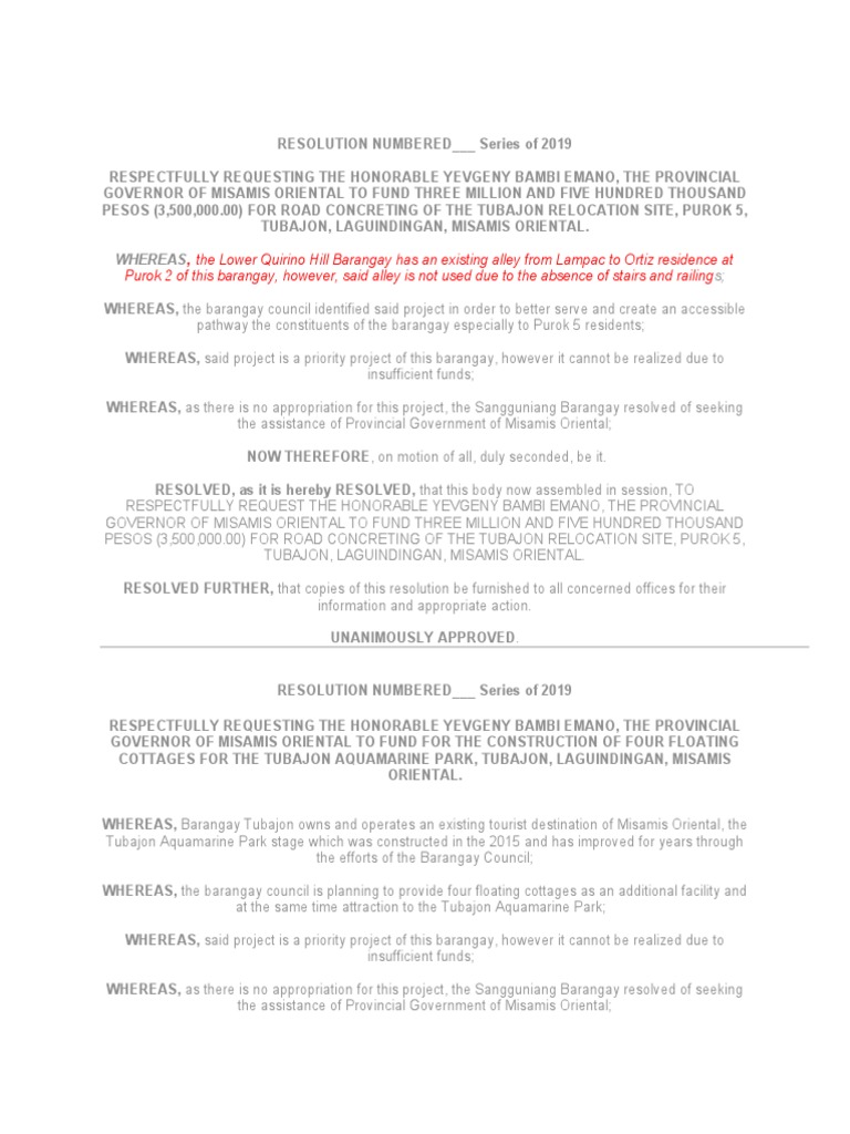 Barangay Resolution Sample | PDF | Government