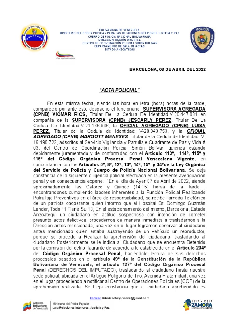 Acta Policial Michelle | PDF | Policía | Venezuela