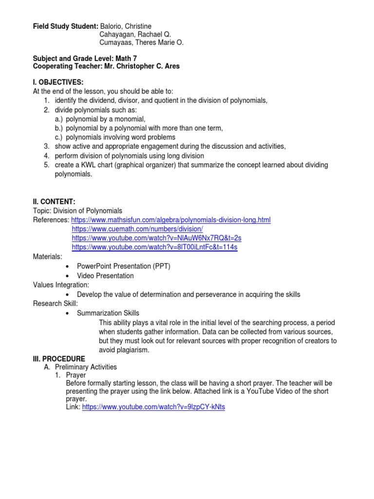 Lesson Plan For Division of Polynomials | PDF | Teachers | Communication