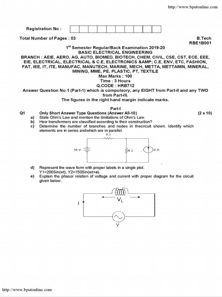 Btech 1 Sem Basic Electrical Engineering Rbe1b001 2020 | PDF