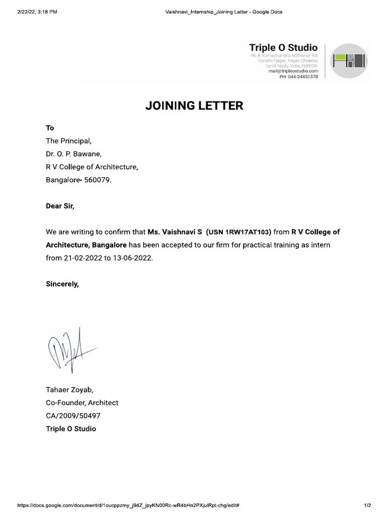 Vaishnavi Internship Joining Letter | PDF