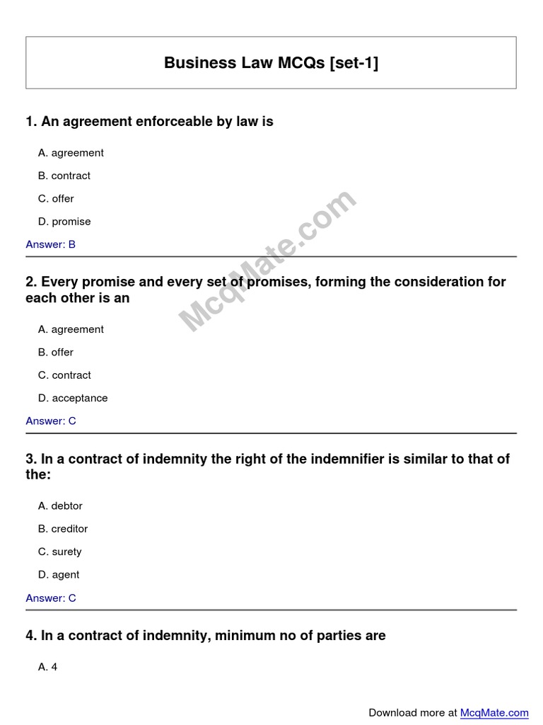 Business Law Solved MCQs (Set-1) | PDF | Common Law | Justice
