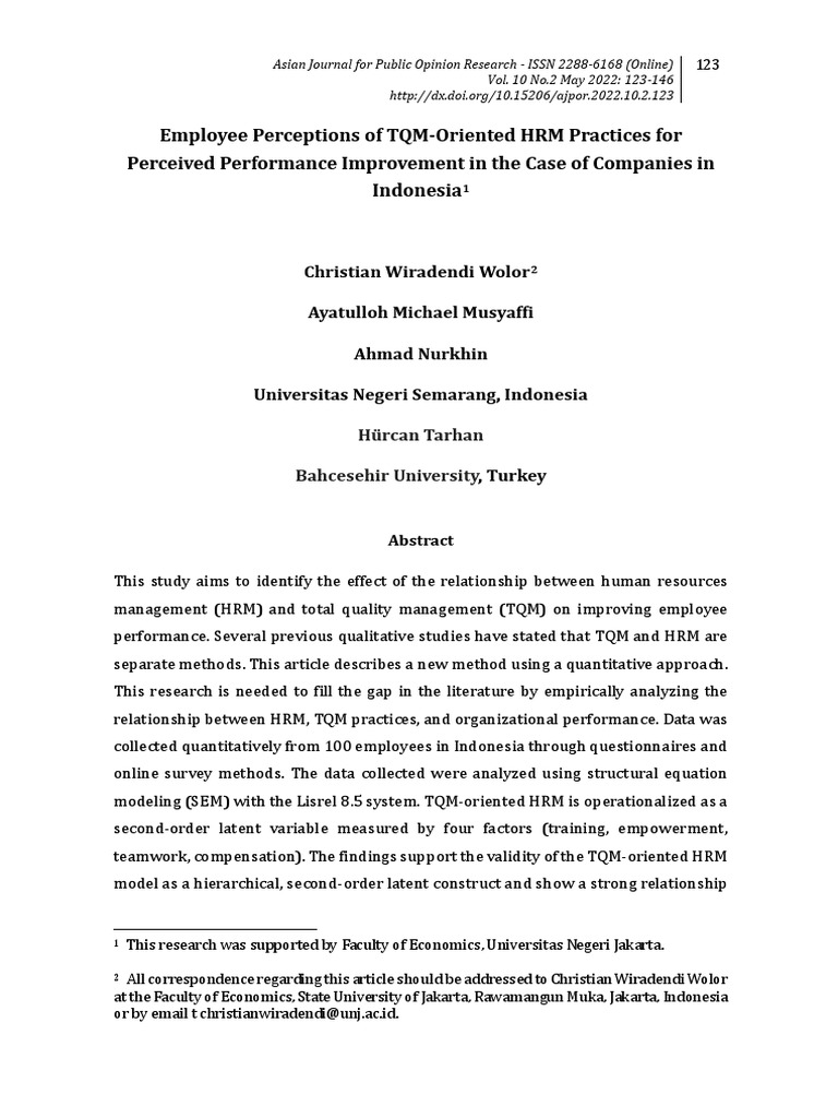 Employee Perceptions of TQM-Oriented HRM Practices For Perceived Performance Improvement in The ...