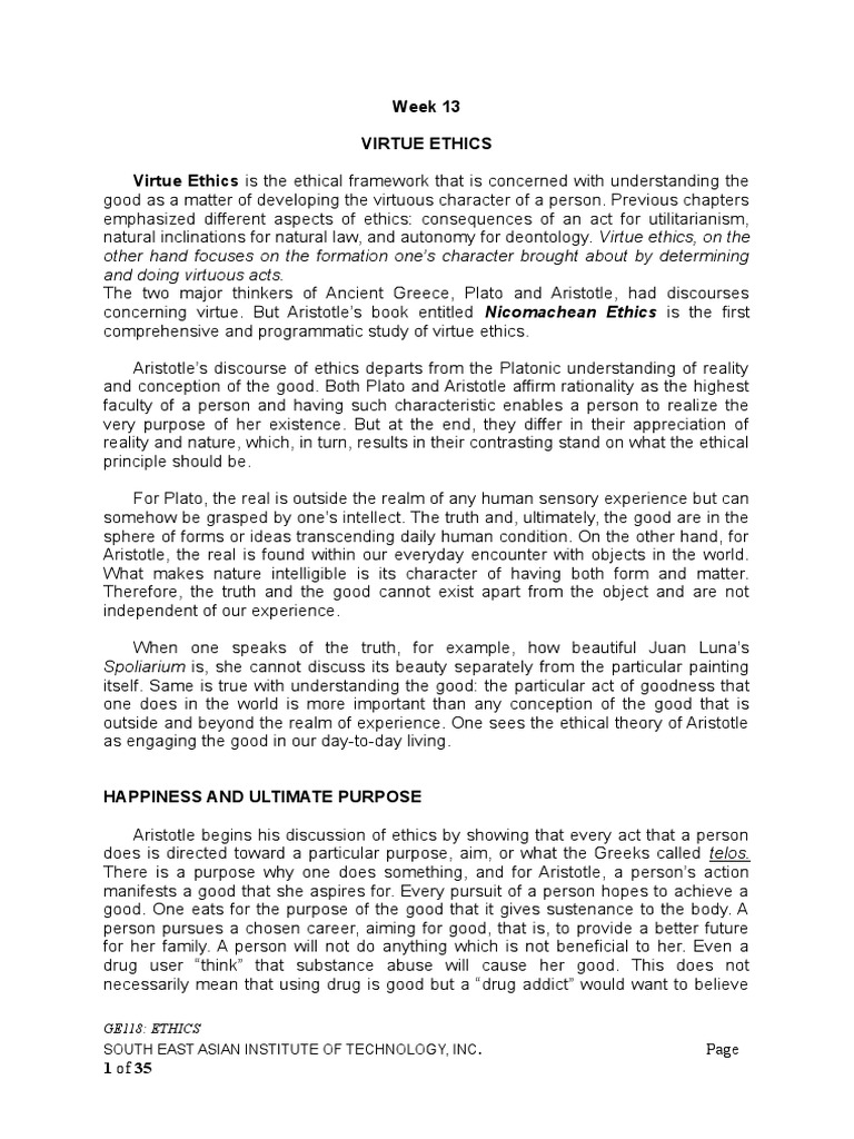 Week 13 Virtue Ethics Virtue Ethics Is The Ethical Framework That Is ...