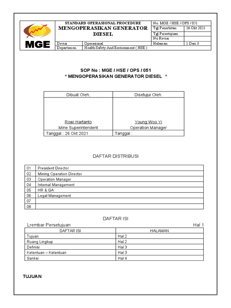 SOP - 051 Mengoperasikan Generator Diesel | PDF