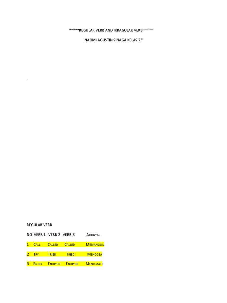Regular Verb and Irragular Verb Naomi Agustin Sinaga Kelas 7 | PDF ...