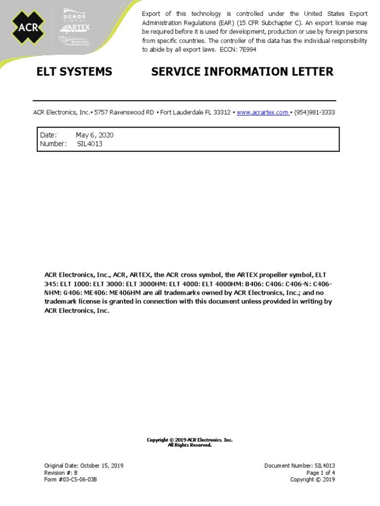 Elt Systems Service Information Letter: Date: May 6, 2020 Number ...