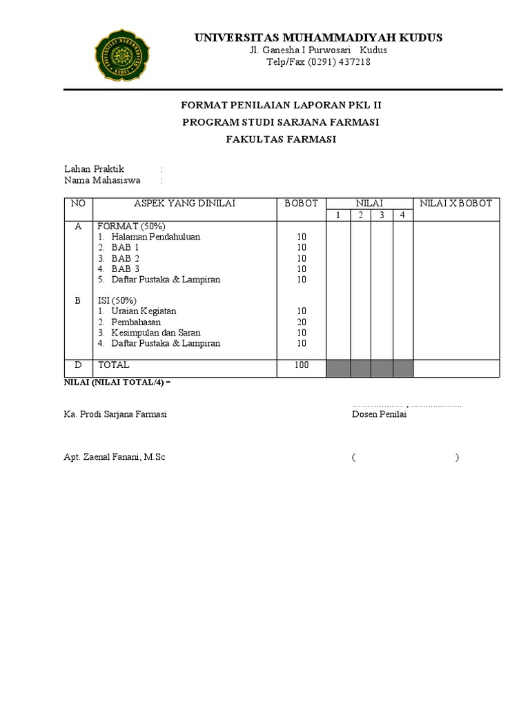 Format Penilaian Laporan PKL | PDF