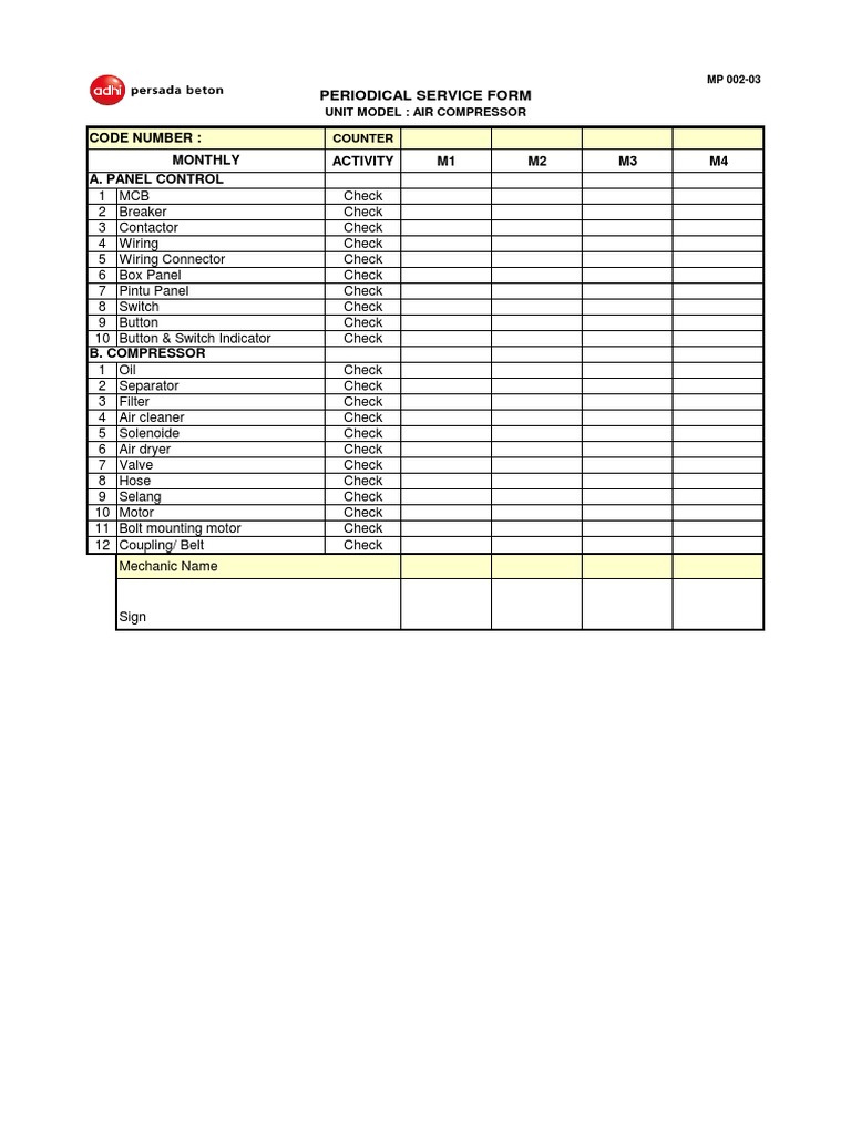 Check Sheet Air Compressor | PDF