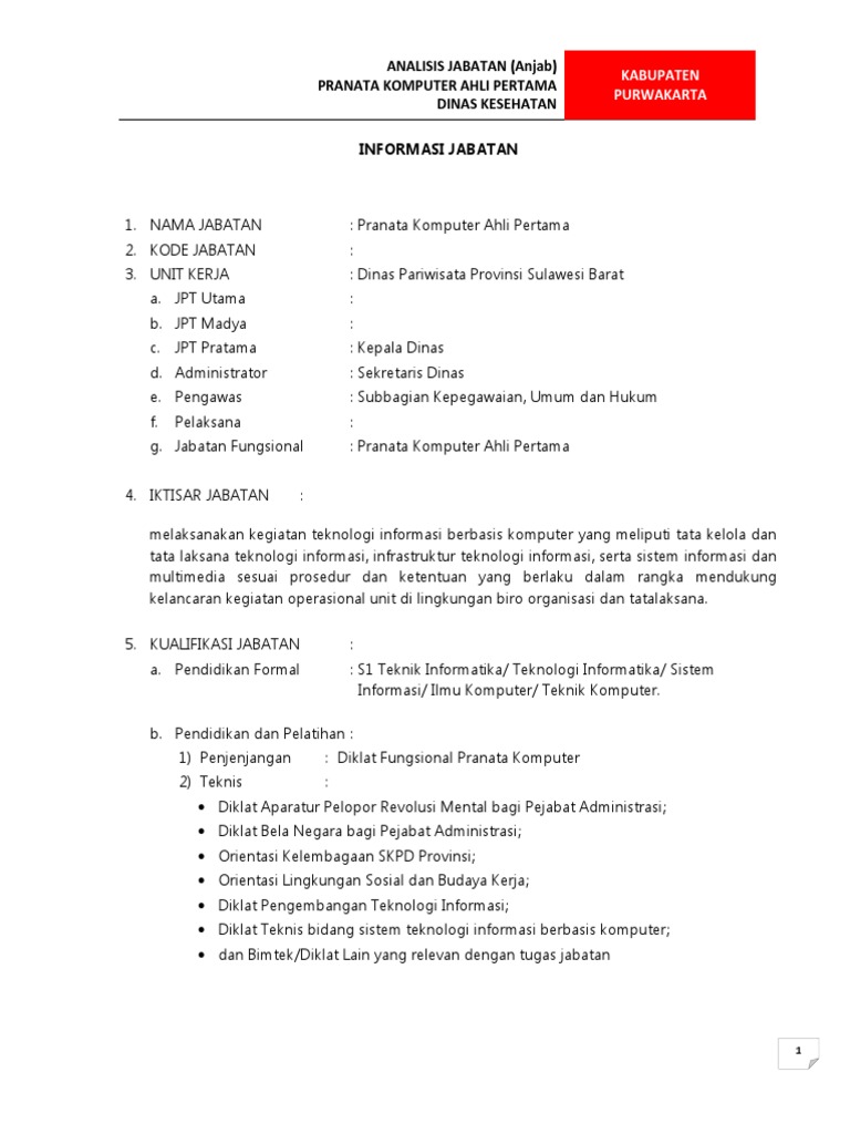 Anjab Jafung - Pranata Komputer Ahli Pertama | PDF