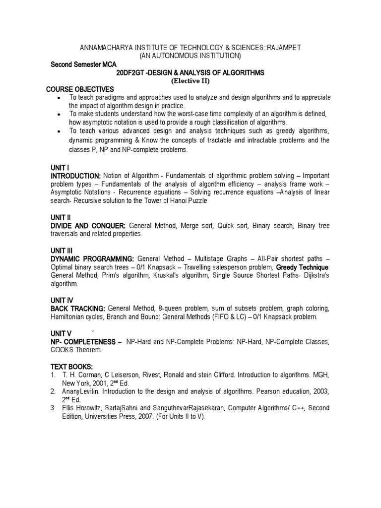 Daa Syllabus Pdf Computational Complexity Theory Algorithms 