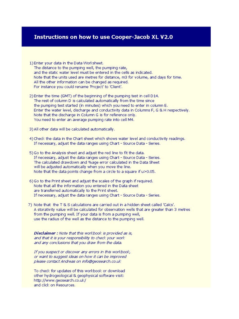 Instructions on how to use Cooper-Jacob XL V2.0 | PDF | Hydrogeology ...