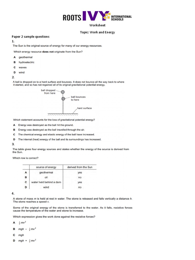 Worksheet Topic: Work and Energy Paper 2 Sample Questions 1 | PDF