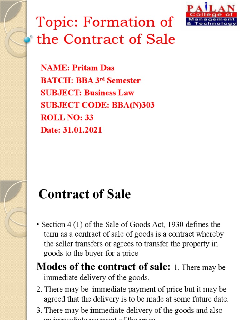 Formation of a Contract of Sale: Essential Elements, Types of Goods ...