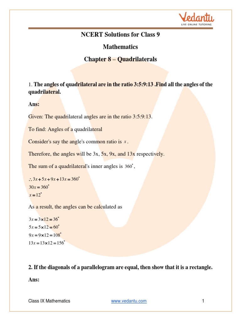 Class 9 - Maths - Quadrilaterals | PDF | Rectangle | Euclidean Geometry