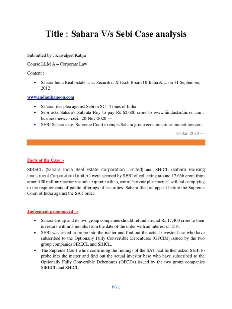 Title: Sahara V/s Sebi Case Analysis: Facts of The Case | PDF ...