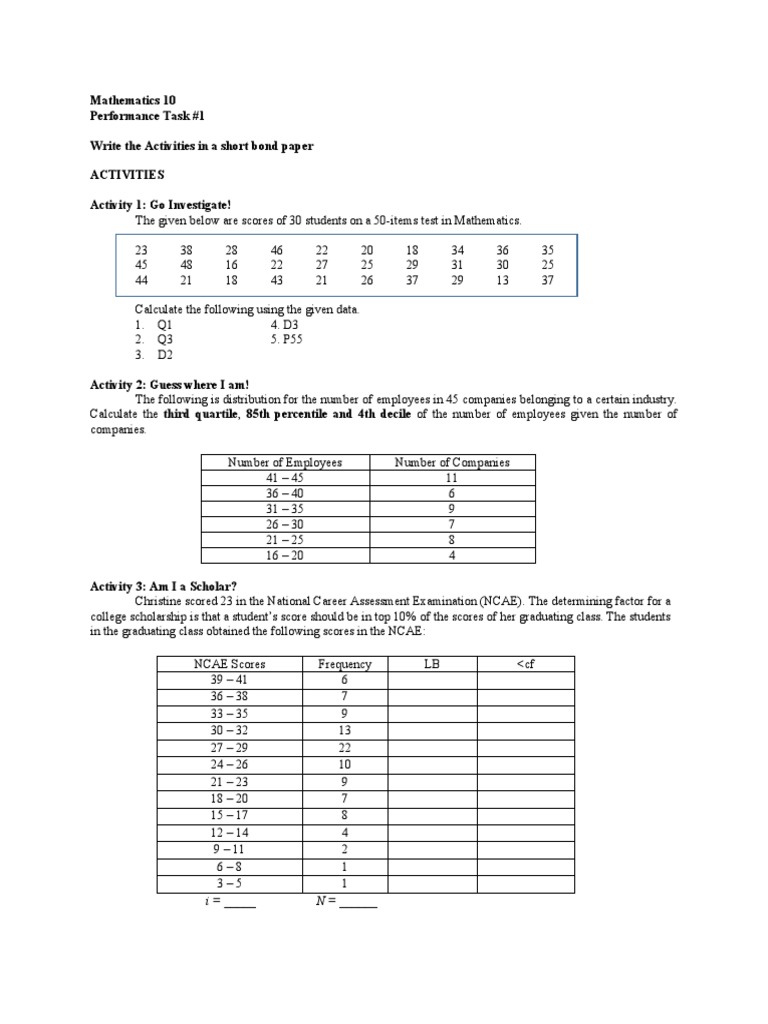 Mathematics 10 Performance Task #1 Write The Activities in A Short Bond ...