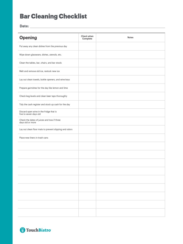 Bar Cleaning Checklist | PDF | Dishwasher | Food And Drink