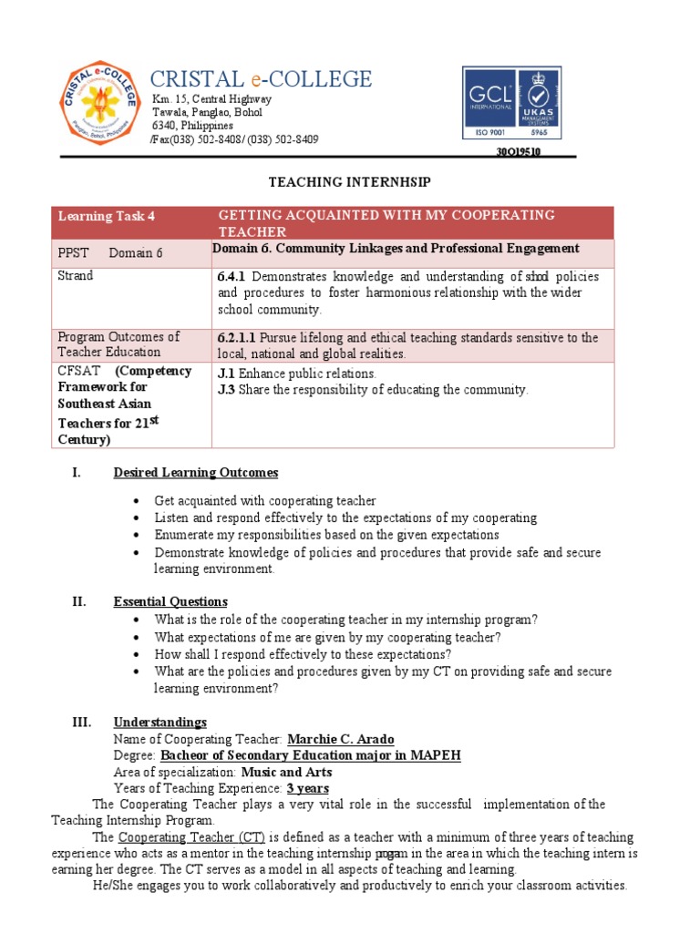 Cristal - College: Learning Task 4 Getting Acquainted With My ...