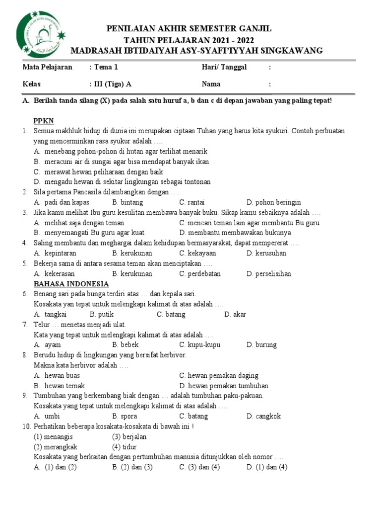 PAS Tema 1 & 2 Kelas 3A | PDF