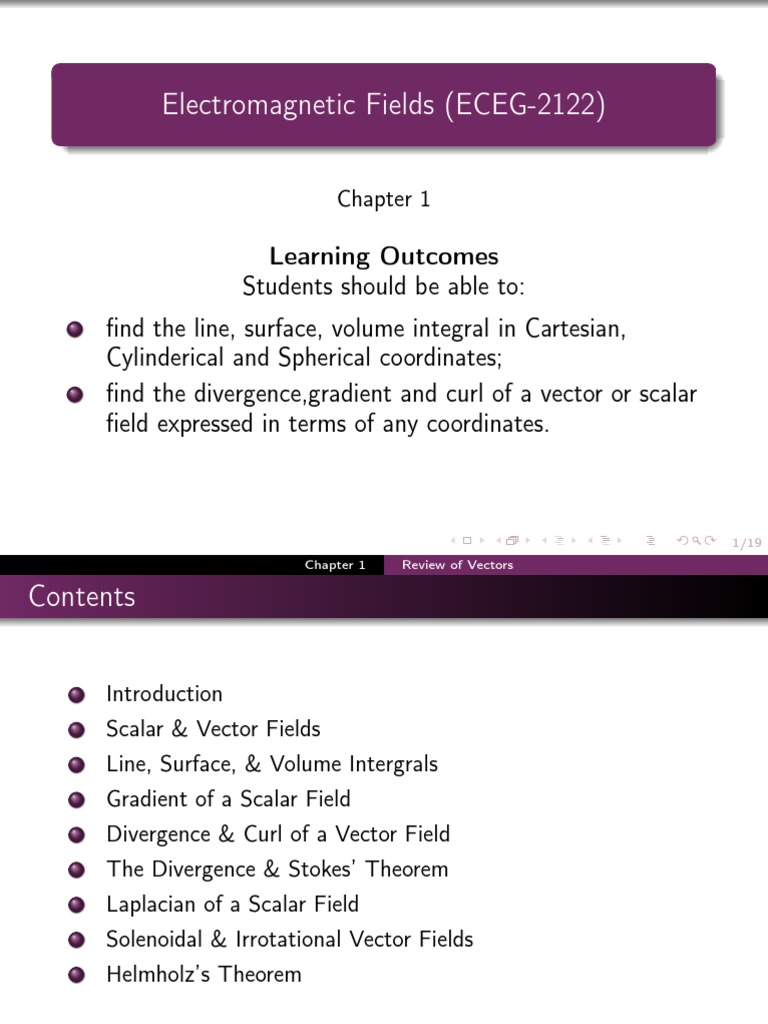 Electromagnetic Fields (ECEG-2122) : Review of Vectors | PDF | Divergence | Euclidean Vector