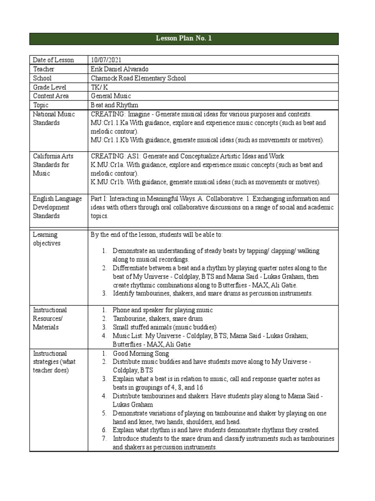 TK/K Music Lesson: Beat & Rhythm | PDF | Rhythm | Learning
