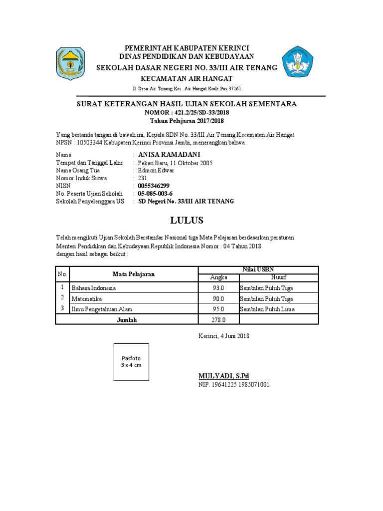 Contoh SKHU Sementara SD | PDF