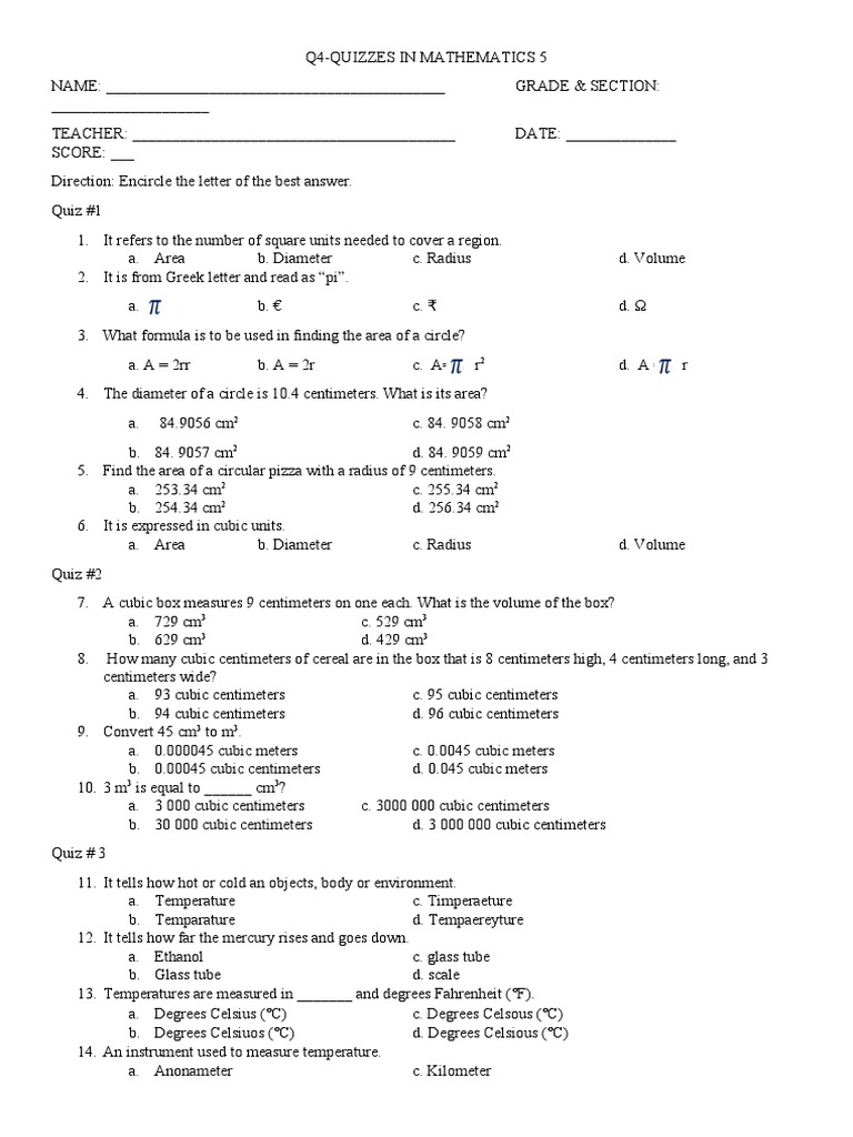 Quiz in Math 5 - Q4 | PDF | Celsius | Temperature