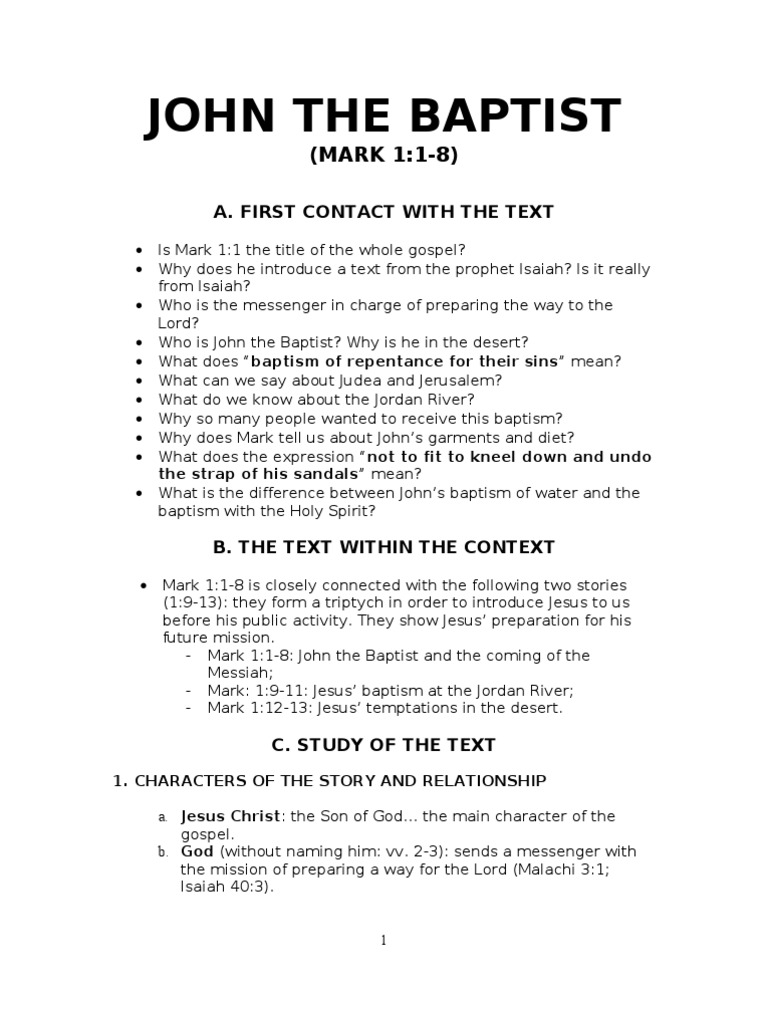 Summary - John the Baptist (Mk 1,1-8) | John The Baptist | Gospel Of Mark