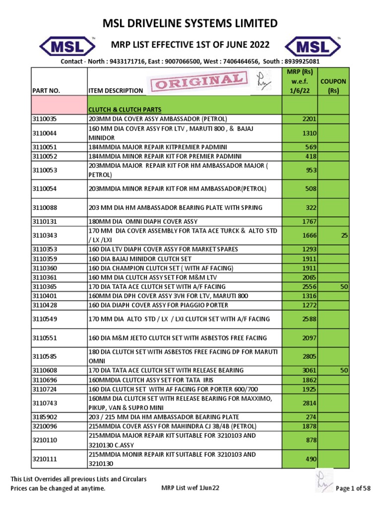 MSL MRP List 1JUN2022 | PDF | Clutch | Commercial Vehicles