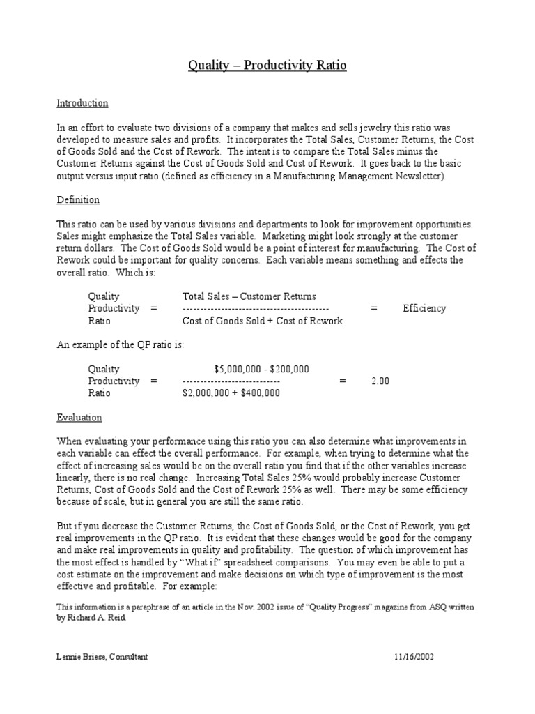 Quality-Productivity Ratio Analysis | PDF | Profit (Accounting) | Sales
