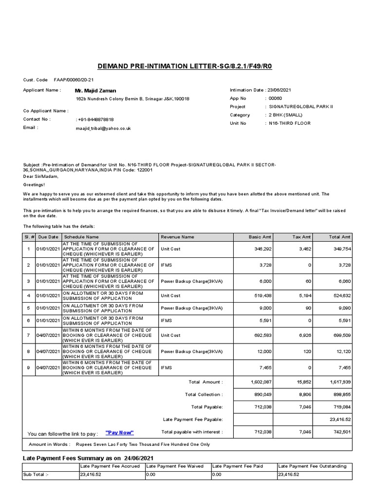Demand Pre-Intimation Letter-Sg/8.2.1/F49/R0: Mr. Majid Zaman | PDF ...
