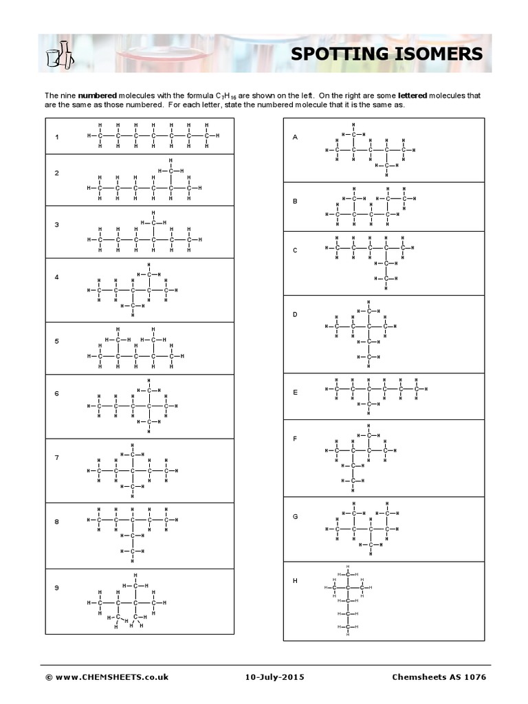 Chemsheets As 1076 Spotting Isomers | PDF | Chemistry | Physical Sciences