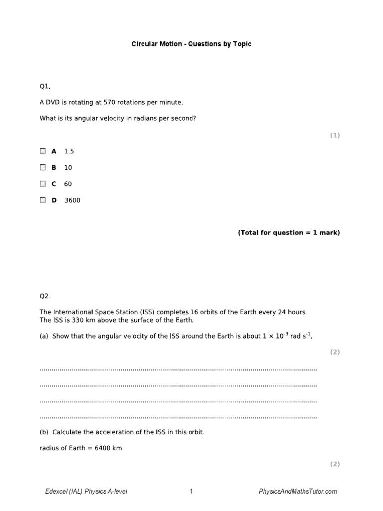 Circular Motion - Questions by Topic: Edexcel (IAL) Physics A-Level | PDF
