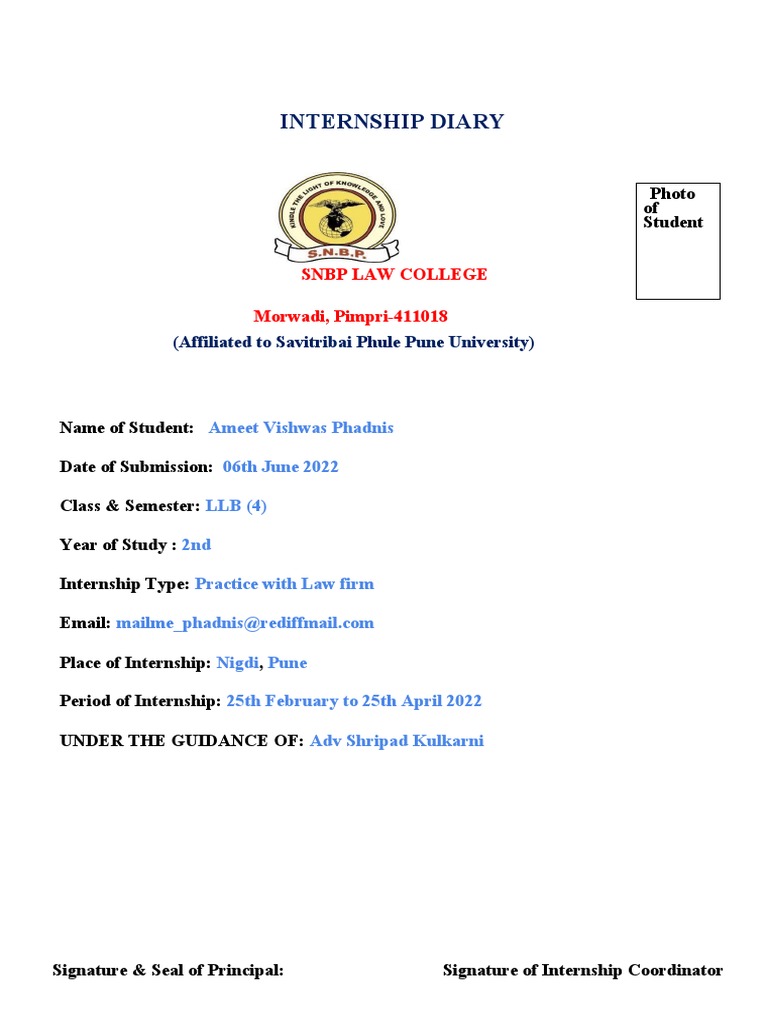 Internship Diary: (Affiliated To Savitribai Phule Pune University ...