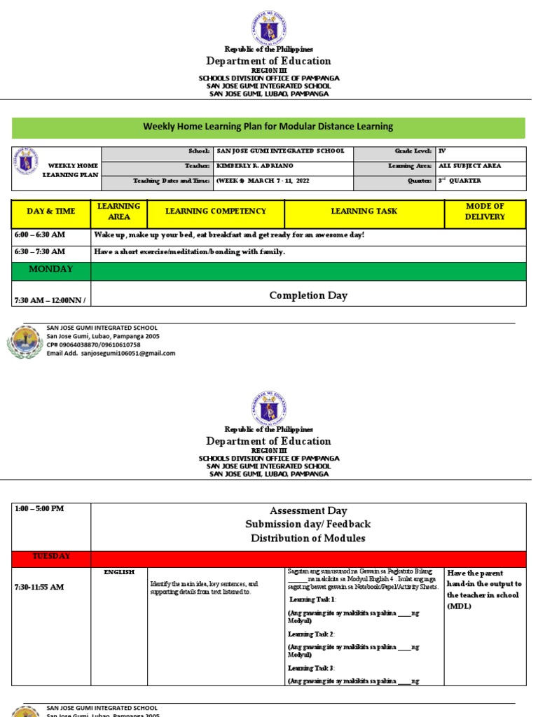Department of Education: Weekly Home Learning Plan For Modular Distance ...