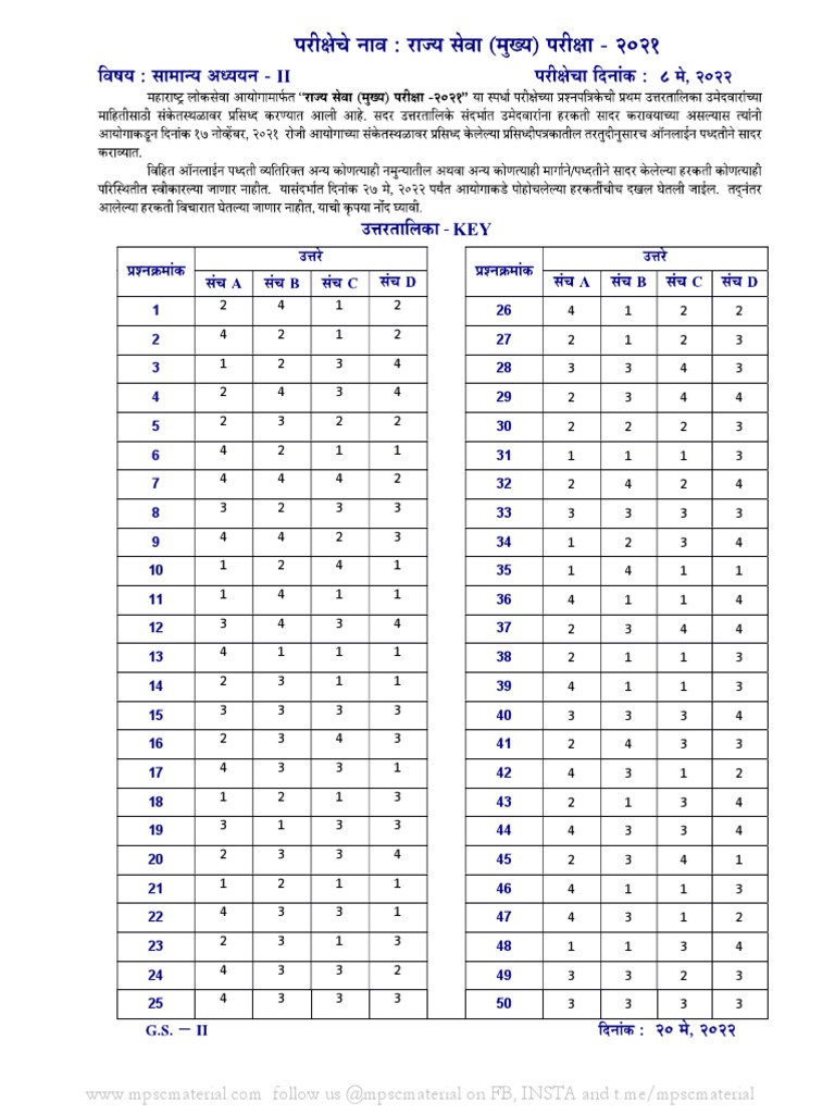 MPSC Question Paper and Answer Key | PDF